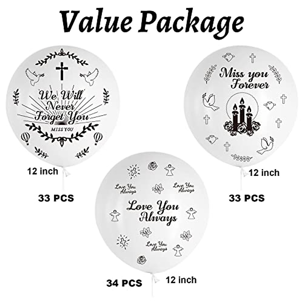 100Pcs Memorial Balloons, White Remembrance Funeral Celebration Latex Balloons, Miss You Forever Love You Always We Will Never Forget You Balloons for Funeral Memorial Services Supplies