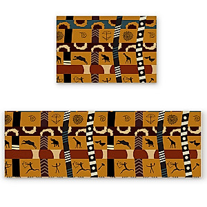 LEO BON Kitchen Rugs Set of 2 Comfort Floor Mats African Style Tribe Print Machine Washable Carpet for Kitchen Floor, Entryway, Hallway and Dining Room