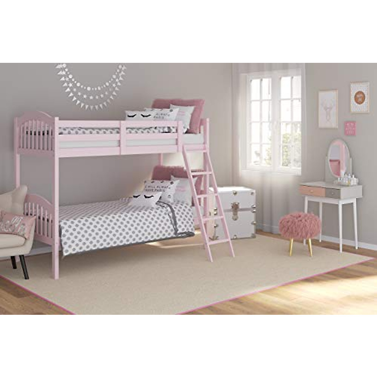 Storkcraft Long Horn Twin-Over-Twin Bunk Bed (Pink) - GREENGUARD Gold Certified, Converts to 2 individual twin beds