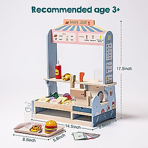 ROBOTIME Wooden Pretend Play Food Set for Kids, Hamburger Set Shop with Sandwich Counter Toys, Play Kitchen Food Toys for Toddlers Ages 3+