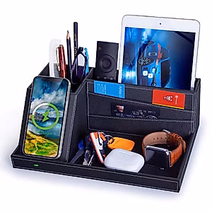 Valet Tray, Built in Wireless Charging Pad, Nightstand Organizer, Dresser Organizer, Mens Jewelry Box, Valet Charging Station, Faux Leather Valet Tray for Men and Women (Black+Wireless)