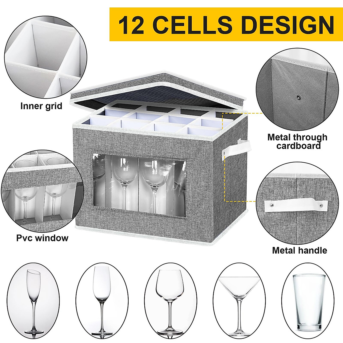 2 Pack China Storage Containers Set, Coffee Mug and Wine Glass Storage Box with Dividers, Cup and Stemware Storage Cases Organizer for 12 Tea Cups & 12 Crystal Glassware Moving and Protection (Grey)