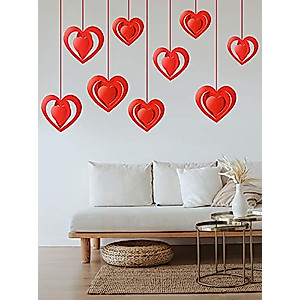 PTFNY 15 Pieces Valentine's Day 3D Heart Hanging Decorations Red Hearts Hanging Ornaments with Red Ribbons Party Supplies for Indoor Outdoor Bridal Shower Anniversary Wedding Party Decorations