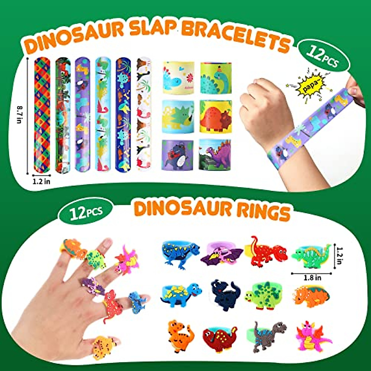 Dinosaur Birthday Party Supplies for 12 Kids, Dino Gift Bags Party Favors with Dinosaur Eggs That Hatch, mini dinosaur figures grown in dark , Slap Bracelets, Rubber Rings and Tattoos Stickers for dino themed party Gifts, Goodie treat Bags Fillers