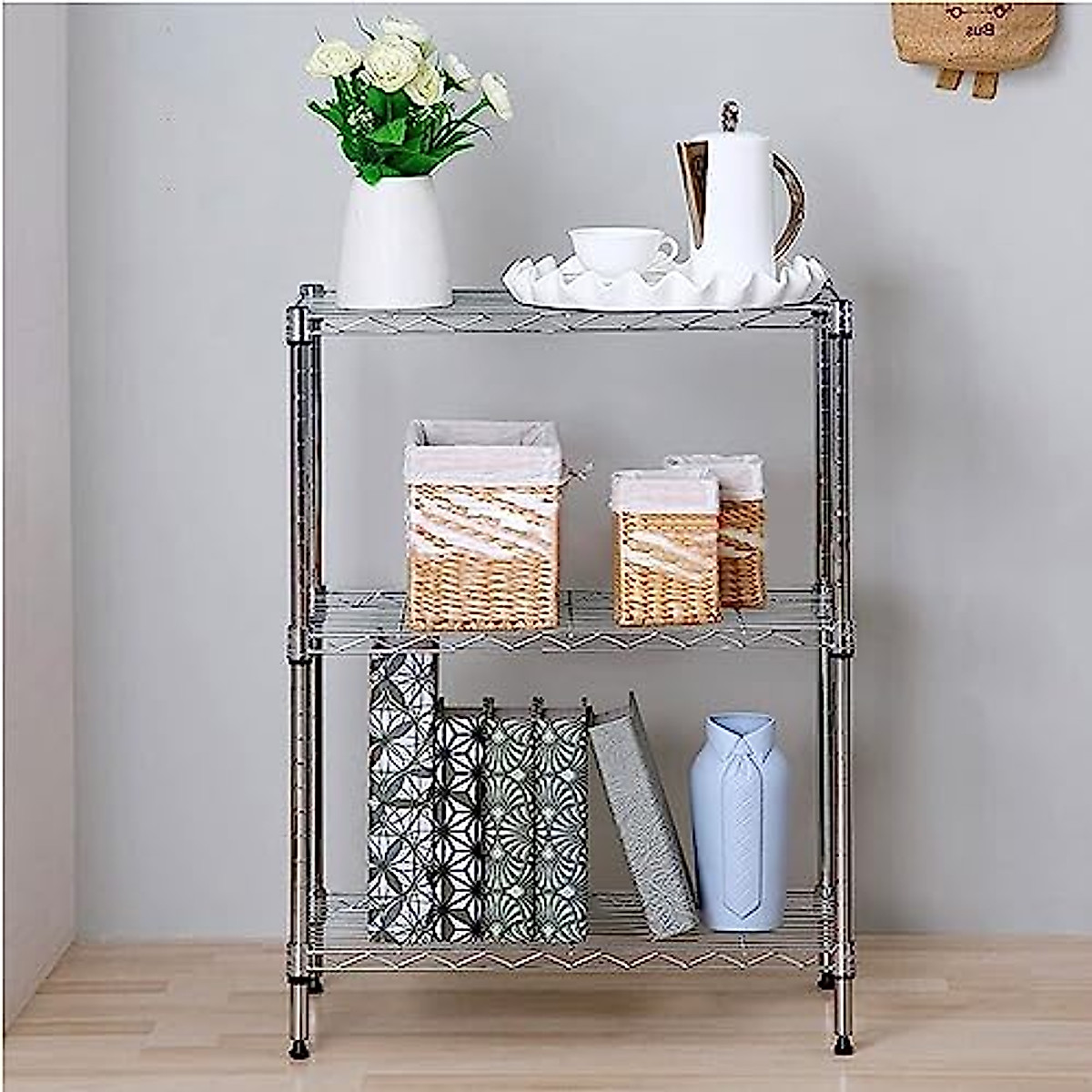 ANNECOSK 3-Tier Storage Shelves Adjustable, Metal Shelves for Storage Shelving Unit Wire Shelving Display Shelf for Kitchen Pantry 23" D x 13" W x 31.5" H-Silver