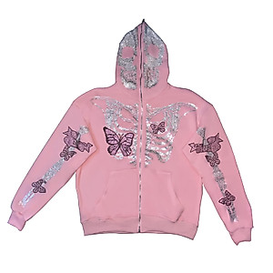 iTranyee Unisex Adult Y2k Rhinestone Skeleton Zipper Hoodies Punk Sparkly Oversized Hooded Sweatshirt Goth Loose Jacket (Pink, S)
