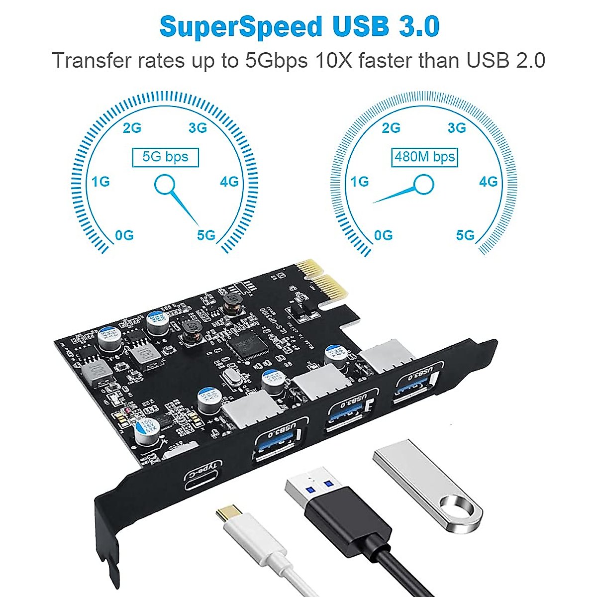 PCI-E to USB3.0 Super Fast Expansion Card 4 Ports(1xUSB-C-3xUSB-A), PCI Express USB Add in Card, Internal Converter PCI Express Expansion Card for Desktop PC Card, Support WindowsXP/7/8/10 and MAC OS