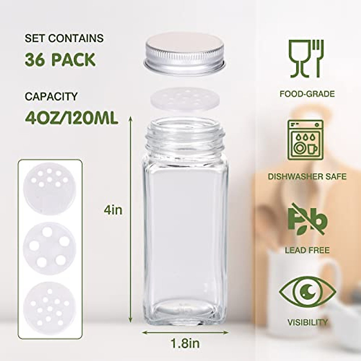 CUCUMI 36pcs Spice Jars with Labels, 4oz Glass Square Spice Containers with Shaker Lids Airtight Metal Caps and Collapsible Funnel, Spice Bottles for Spice Rack Cabinet Drawer