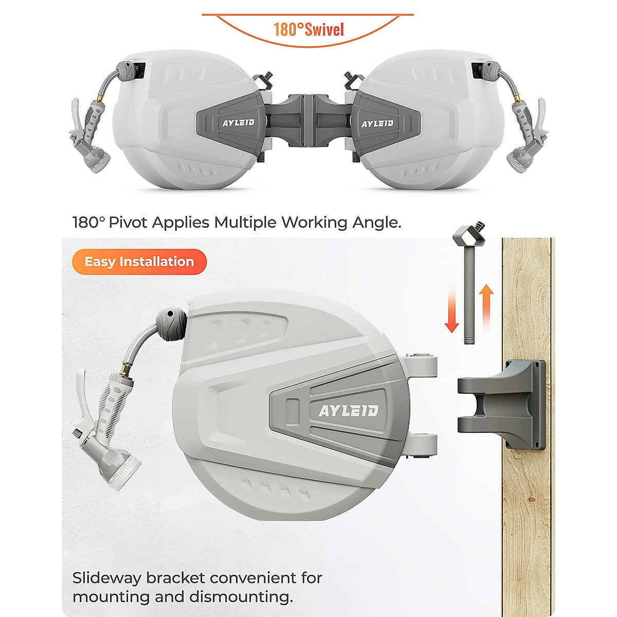 Ayleid Retractable Garden Hose Reel,1/2 in x 65 ft Wall Mounted Hose Reel, with 9- Function Sprayer Nozzle, Any Length Lock/Slow Return System/Wall Mounted/180°Swivel Bracket (Grey)
