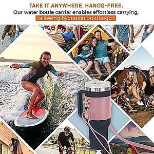 Tumbler Tote Water Bottle Carrier Strap Leather Compatible with Stanley 30/40oz Tumbler with Handle, Adjustable Shoulder Strap Credit Card Holder Keyring for Keys for Travel Yoga Workout Pink…