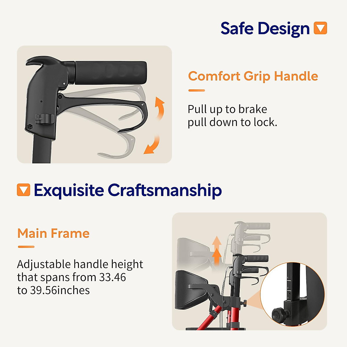 2 in 1 Walkers for Seniors with Seat, VOCIC Transformable Rollator Walker and Transport Chair, Transport Wheelchair w/Paded Seatrest, Pouch, Backrest and Footrest-Gloria Red