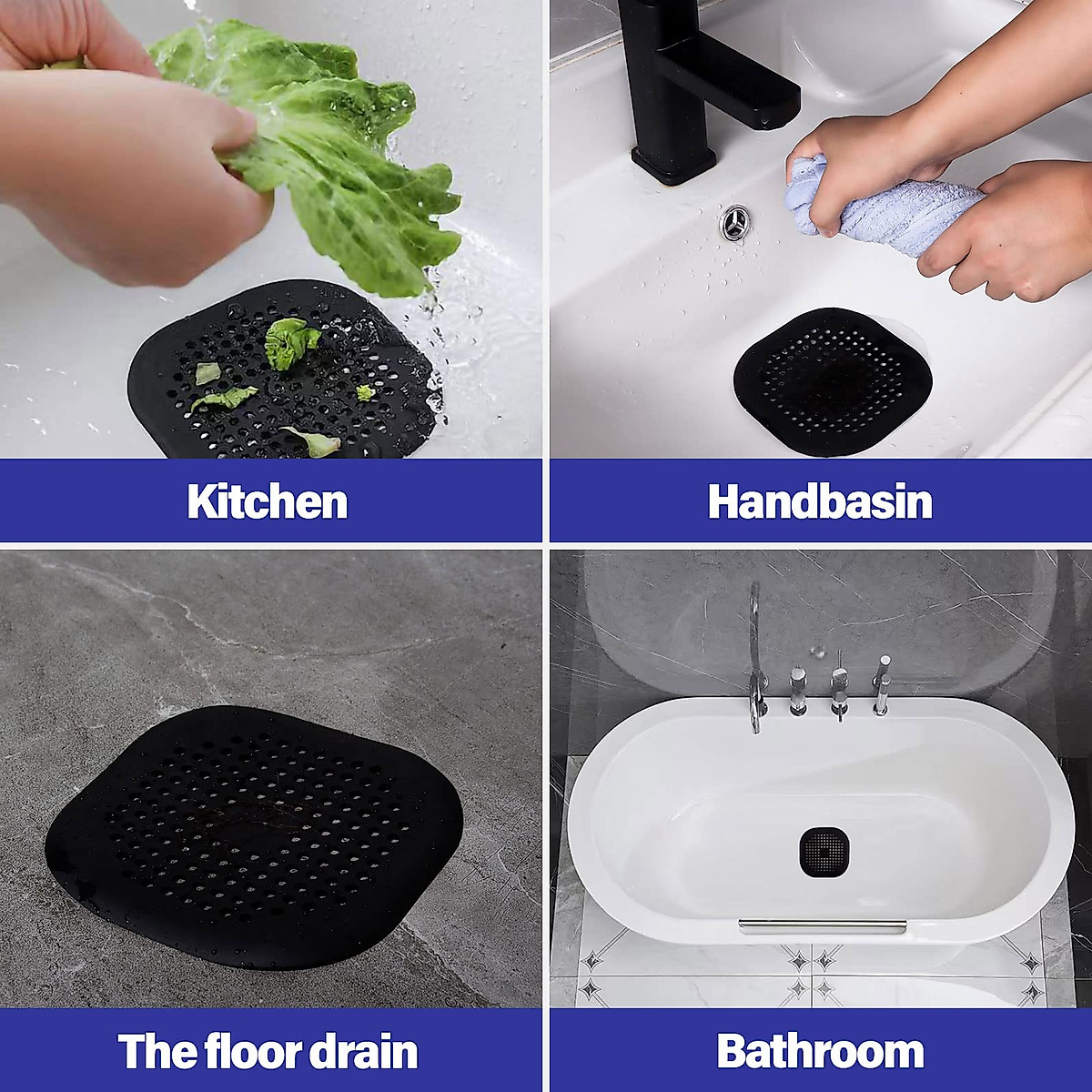 Drain Hair Catcher,Square Drain Cover for Shower Silicone Hair Stopper with Suction Cups Easy to Install and Clean Suit for Bathroom,Bathtub,Kitchen 2 Pack(Black)