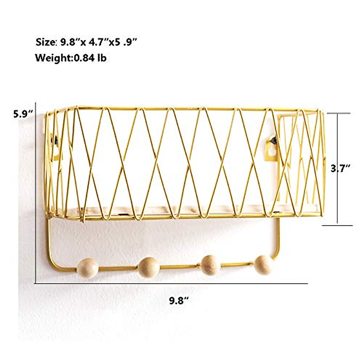 DoxiGlobal Wall Mount Mail Holder Entryway Storage Organizer with Shelf Wood Key Hooks Metal Mail Sorter Coat Rack Wire Mesh Storage Basket for Magazines Keys Wallets Leashes Plant (Gold, S-4 Hooks)