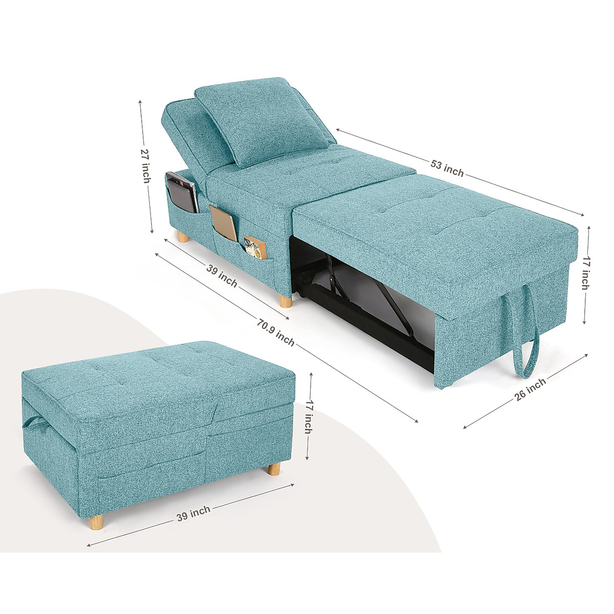 SEJOV Sleeper Sofa Chair Bed,4-in-1 Convertible Sofa Bed Chair with 6 Adjustable Backrest and Pillow, 3-Seat Pull Out Sleeper Chair Linen No Backrest for Bedroom Small Space Living Room, Sky Blue