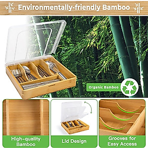 QINOL Silverware Tray with Lid, Utensil Drawer Organizer for Kitchen Countertop, Wooden Flatware Organizers and Storage Holder, Bamboo