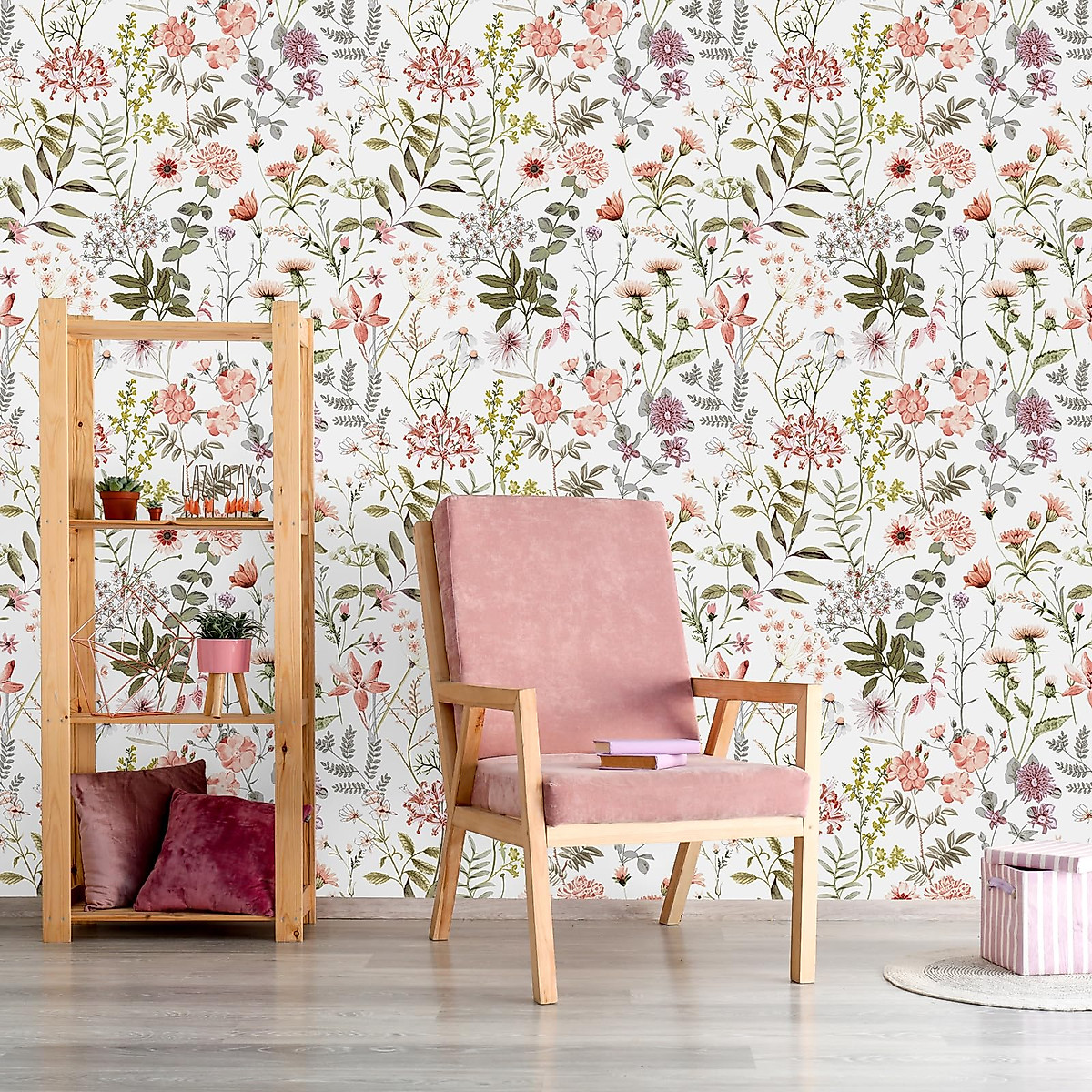 VEELIKE 17.7''x354'' Peach Pink Wildflowers Floral Wallpaper Mural Peel and Stick Pink Floral Contact Paper for Walls Shelves Nursery Wallpaper Removable Adhesive Floral Vinyl Wallpaper for Bedroom