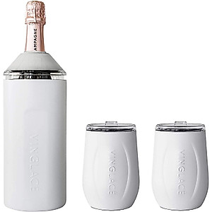 Vinglacé Wine Bottle Chiller Gift Set- Portable Stainless Steel Wine Cooler with 2 Stemless Wine Glasses, White