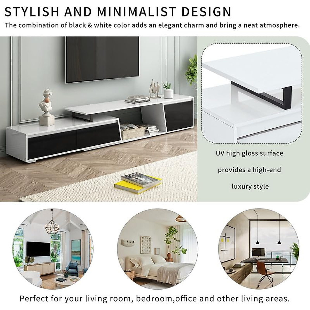Modern Extendable TV Stand for 55/65/70/80/100 Inches TV,Minimalist Entertainment Center TV Cabinet with 2 Drawers and 1 Cabinet,Media Console Television Stands Credenza for Living Room,Bedroom,White