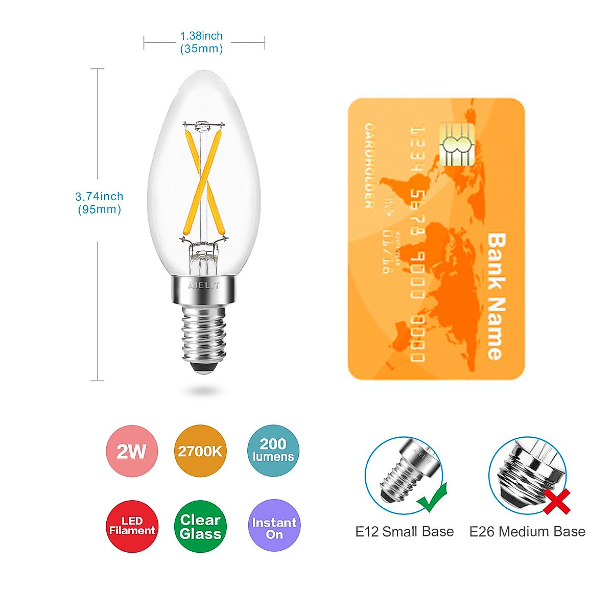 AIELIT Vintage LED Candelabra Bulbs 25W Equivalent, Warm White 2700K, E12 LED Light Bulb Dimmable, 200 Lumens, Clear Glass, 2W B11/B10/C35 Edison Torpedo Filament Bulb for Ceiling Fans, 4-Pack