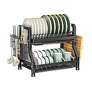 jiajunly 2 in 1 Kitchen Dish Drying Rack, Stainless Steel Large Capacity Dishrack, Multifunctional Rustproof Dish Drainer, 2-Tier Dish Rack for Kitchen Counter with Drainboard, Black
