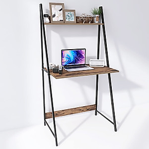 Pshelfy Computer Desk, 2-Tier Ladder Home Office Desk with Storage Sturdy Bookshelf Modern Simple Style Writing Table (Rustic Brown)