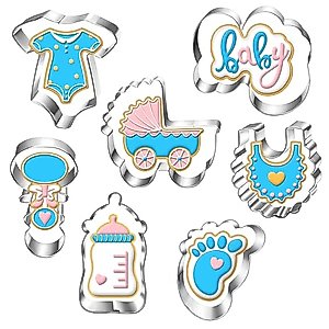 LUBTOSMN Baby Shower Cookie Cutter Set-7 Piece-Baby Onesie, Bib, Rattle, Baby Bottle, Baby Carriage, Foot and Baby Word-Biscui Cookie Cutters Fondant Molds for Baby Shower Birthday Party