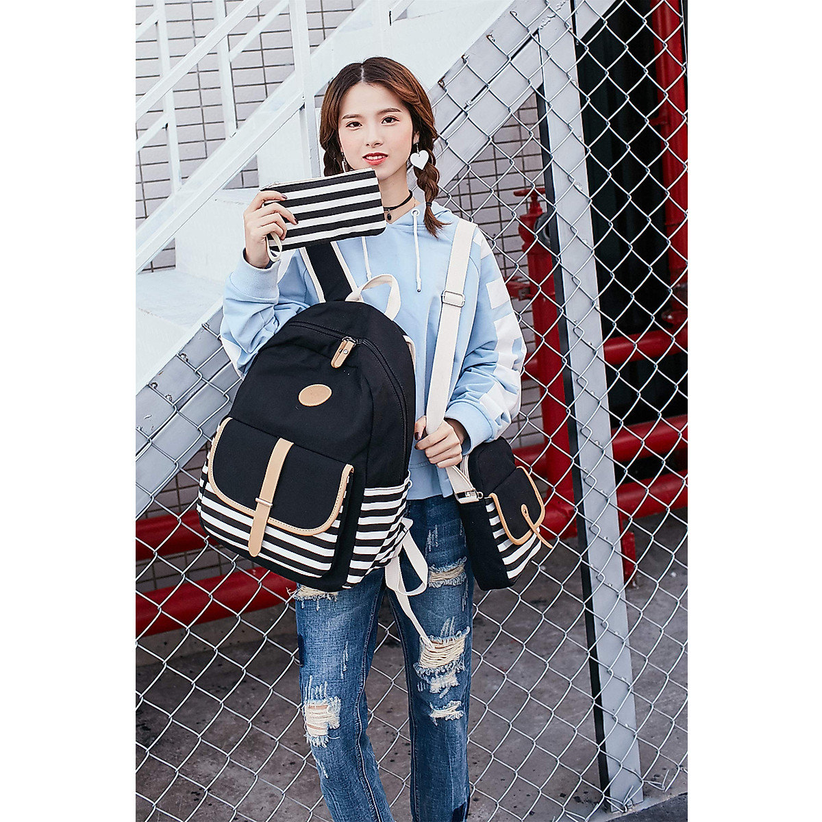 Geek-M Backpack set Canvas School Bag Teens Boys/Girls Book Bag Middle School Backpack