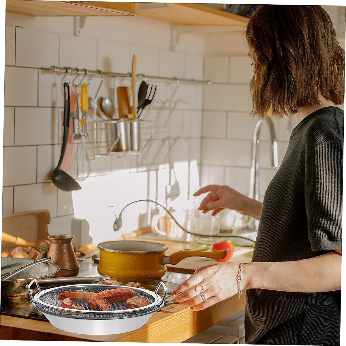 SHOWERORO 1 Set Mesh Drain Pan Barbeque Grill Plate Vegetable Drainer Fried Food Draining Rack Barbecue Grill Tray Smokeless Roasting Pan Roasting Tray Fruit Stainless Steel Egg Steamer