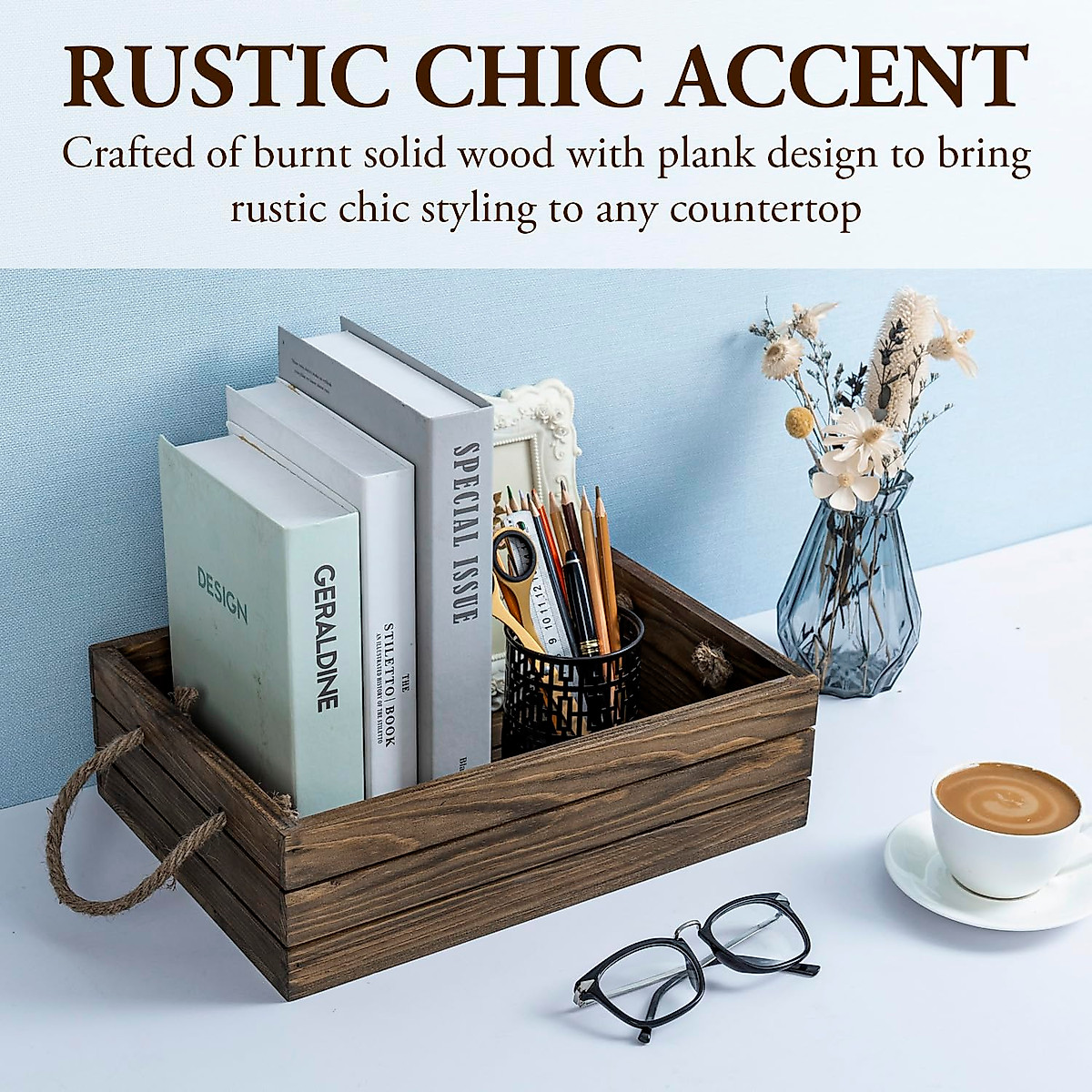 MyGift 13 Inch Rustic Brown Wood Decorative Storage Organizer Bin with Rope Handles, Open Top Small Crate Box for Bathroom Accessories, Books, Crafts, Fruits