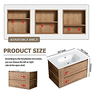SSLine Wall Mounted Bathroom Vanity with Sink Modern 30" Floating Bathroom Vanity with Top Basin & Storage Drawers Imitative Oak Wood Hanging Bath Cabinet w/Gel Sink and Shelves for Small Space