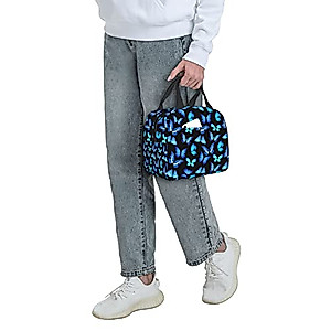 Insulated Black Lunch Bag Box for Women with Blue Butterfly Print Cute Lunch Cooler Thermal Waterproof Reusable Tote Bag with Big Pocket for Work Office Picnic College