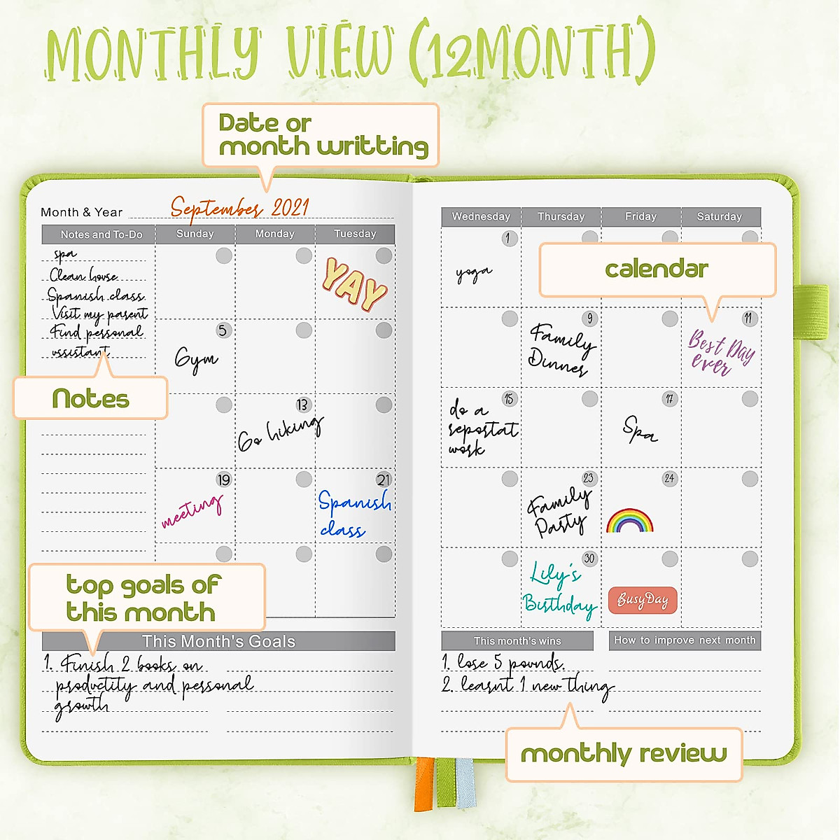 JUBTIC Undated Planner Weekly and Monthly Productivity Daily Planners with Stickers Appointment Book for Time Management 2024-2025 (Light Green)