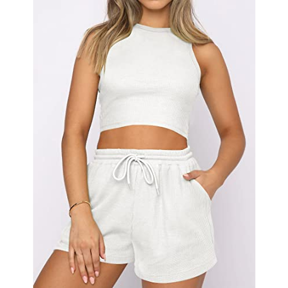 ZESICA Women's Waffle Knit Sleeveless Crop Top and Shorts Pullover Nightwear Lounge Pajama Set with Pockets,CropWhite,Small