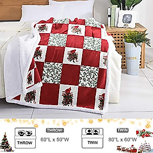 Christmas Sherpa Fleece Twin Size Blanket, Cardinals Birds Stitching Plaid Fuzzy Soft Lightweight Breathable Bed Sofa TV Couch Blanket - 60'x80'