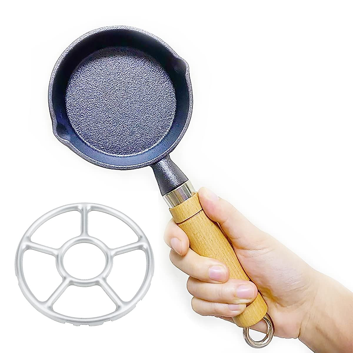 Mini Frying Pan Set with Burner Grate,Small Coating-Free Cast Iron Skillet Pan with Removable Heat-Resistant Wooden Handle, Omelet Pans, Portable Egg Frying Pan for Camping Black 4.2*1.2in