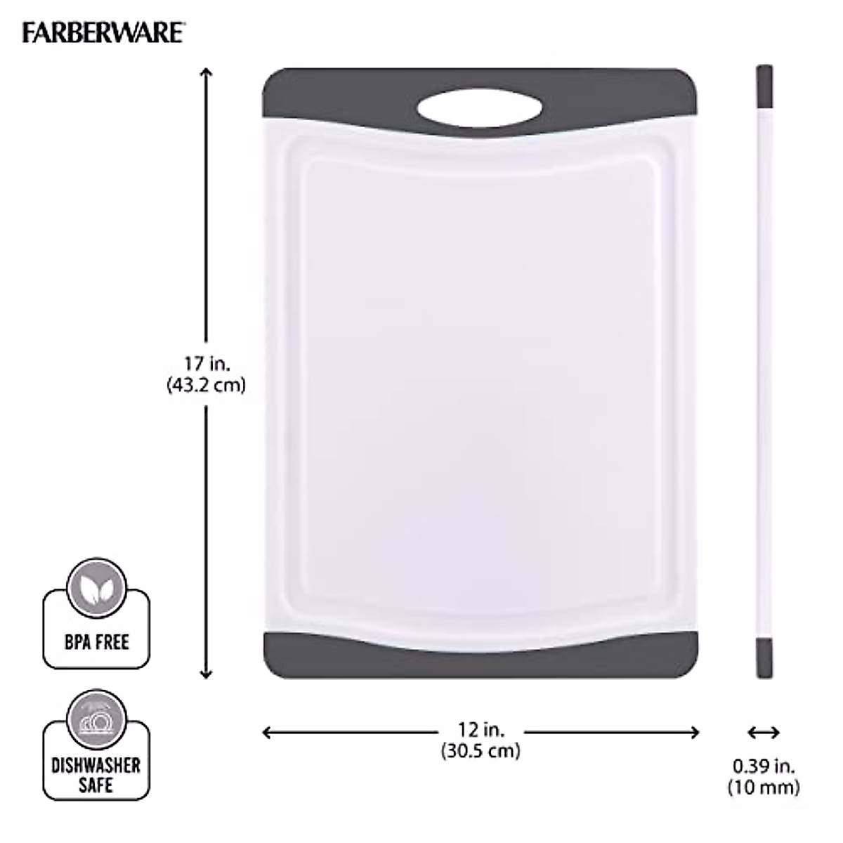 Farberware Nonslip Poly Cutting Board, 12x17-Inch, Gray and White