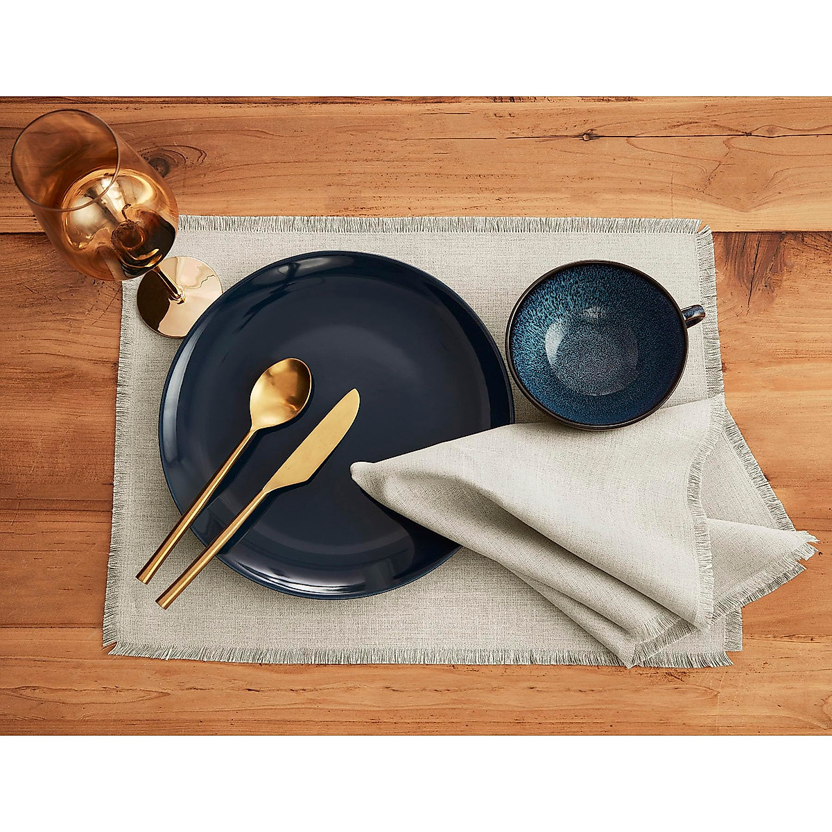 Solino Home Fringe Linen Placemats Natural – 100% Pure Linen Cloth Fabric Placemats Set of 4 – 14 x 19 Inch Washable Dining Place Mats for Spring, Summer, Indoor, Outdoor