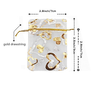 QIANHAILIZZ 100 Pack 2.8 x 3.5 Inch Flower Heart Organza Jewelry Gift Pouch Candy Pouch Drawstring Wedding Favor Bags B511S (white gold heart)