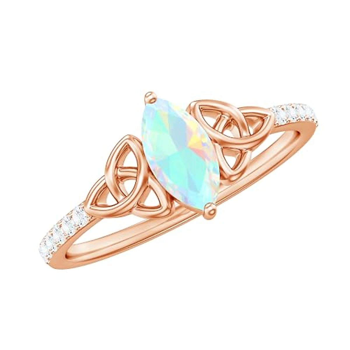 Natural Opal Diamond Celtic Knot Ring, AAA Quality, 4X8 MM Marquise Shape Opal Promise Ring - Ready To Gift, 14K Rose Gold, Size:US 7.00