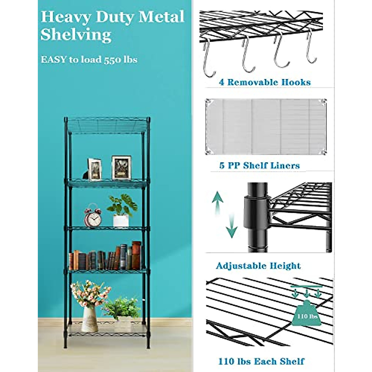 vkahaak 5 Tier Adjustable Wire Shelving Unit, 22" x 12" x 60" Metal Storage Rack with 4 Hooks, Steel Utility Storage Shelf Organization for Kitchen/Garage/Bathroom/Pantry/Closet, Black