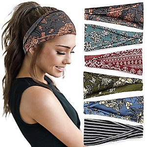 Huachi Boho Headbands - Wide Non-Slip Hair Accessories for Women's Yoga, Workout and Summer, 6 Pack