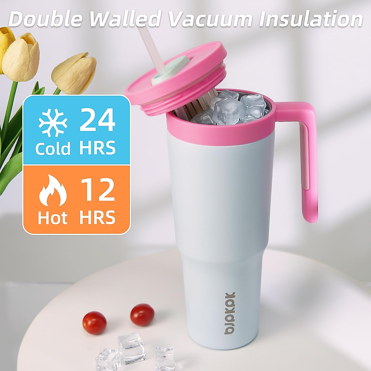 BJPKPK 40oz Tumbler With Handle And Straw Insulated Tumblers Cups With Lid Stainless Steel Travel Coffee Mug With Fruit Infuser,Light Gray