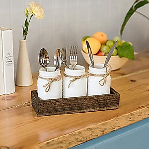 Mkono Mason Jar Centerpiece Decorative Wood Tray with 3 Painted Jars Farmhouse Kitchen Counter Decor for Coffee Table Dining Room Living Room Kitchen,White