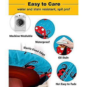 Elastic Fitted Tablecloth Waterproof Table Cloth Cute Ladybug Red Black Carapace Insect Dense Animal Blue Wipeable Round Table Cover for Outdoor Picnic Camping Party