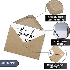 Layneria 100 Bulk Thank You Cards with Kraft Envelopes and stickers - 4 Minimalistic Designs Blank Thank You Notes with Envelopes for business Wedding Bridal Gift Baby Shower Business Graduation