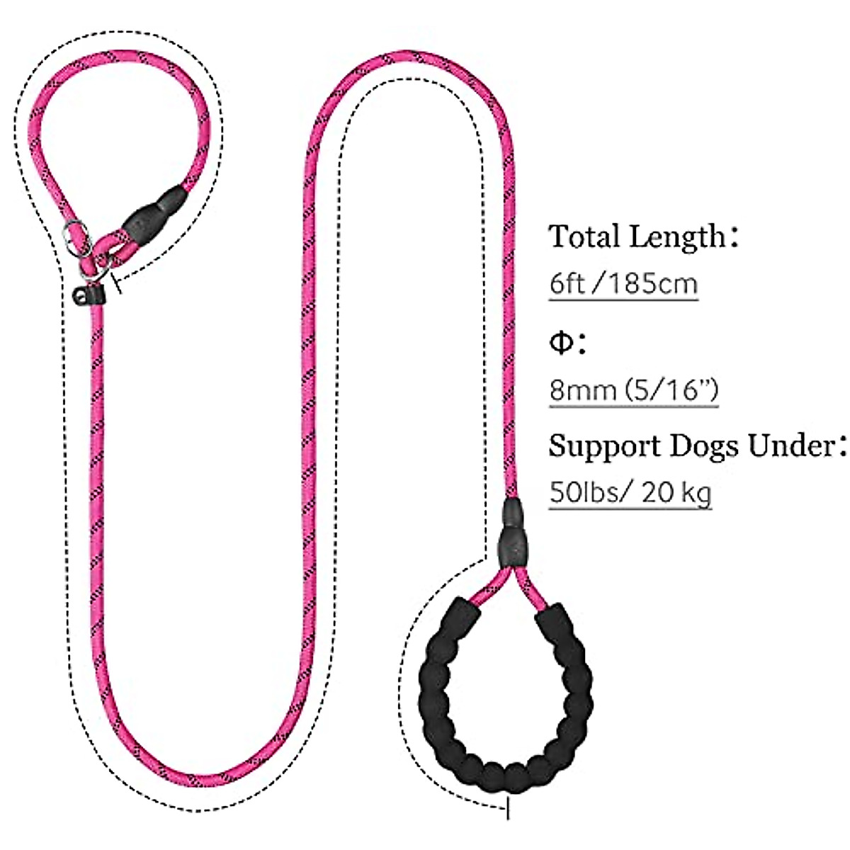 TagME Slip Leads for Dogs, 6 FT Heavy Duty Dog Leash with Padded Handle, Strong Rope No Pull Pet Training Leash for Small Dogs,Hot Pink