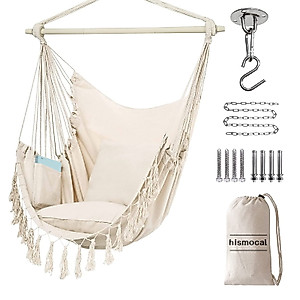Hanging Hammock Chair Swing Indoor- Patio Outdoor Rope Hanging Chairs Sturdy & Safe for Bedroom Decor or Camping Gear,Max 330 Lbs,2 Comfort Cushions Included for Kids Girls,Easy to Assemble,Beige