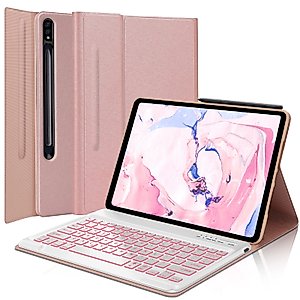 Keyboard Case for Samsung Galaxy Tab S7 FE/S8 Plus/S7 Plus 12.4 Inch, 7-Color Backlit, Smart Magnetic Detachable Wireless Bluetooth Keyboard, Slim Protective Cover with S Pen Holder, Auto Sleep/Wake