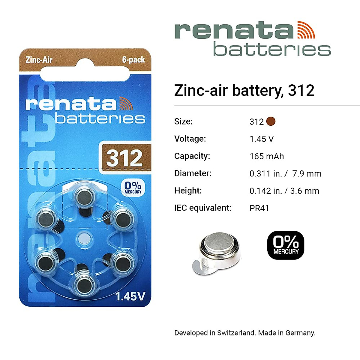 Renata Size 312 Zinc Air 1.45V Hearing Aid Battery - Designed in Switzerland (60 Batteries)