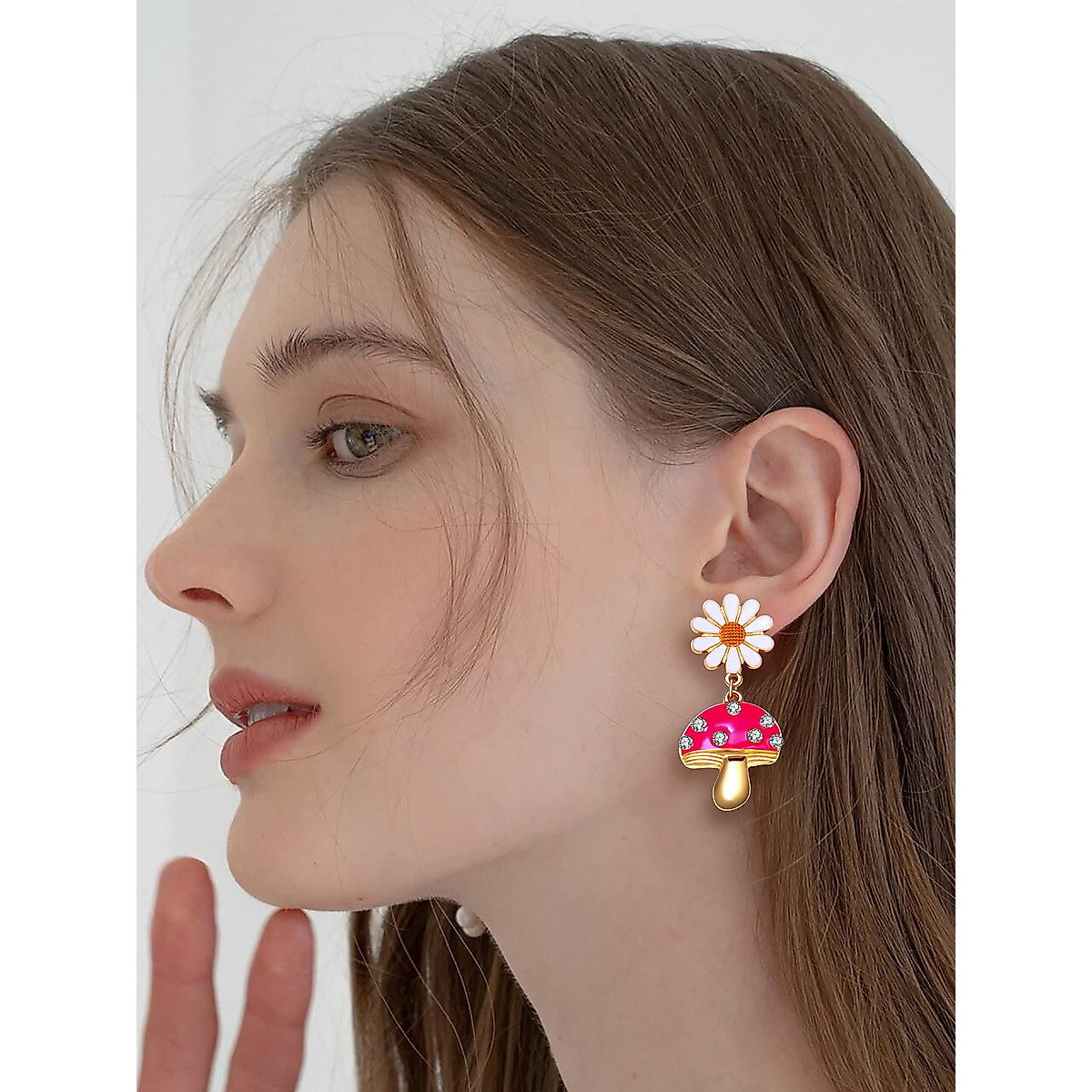 Daisy Stud Earrings Cute Mushroom Cubic Zirconia Pendant Earrings Metal Dangle Earrings for Women Jewelry Gifts